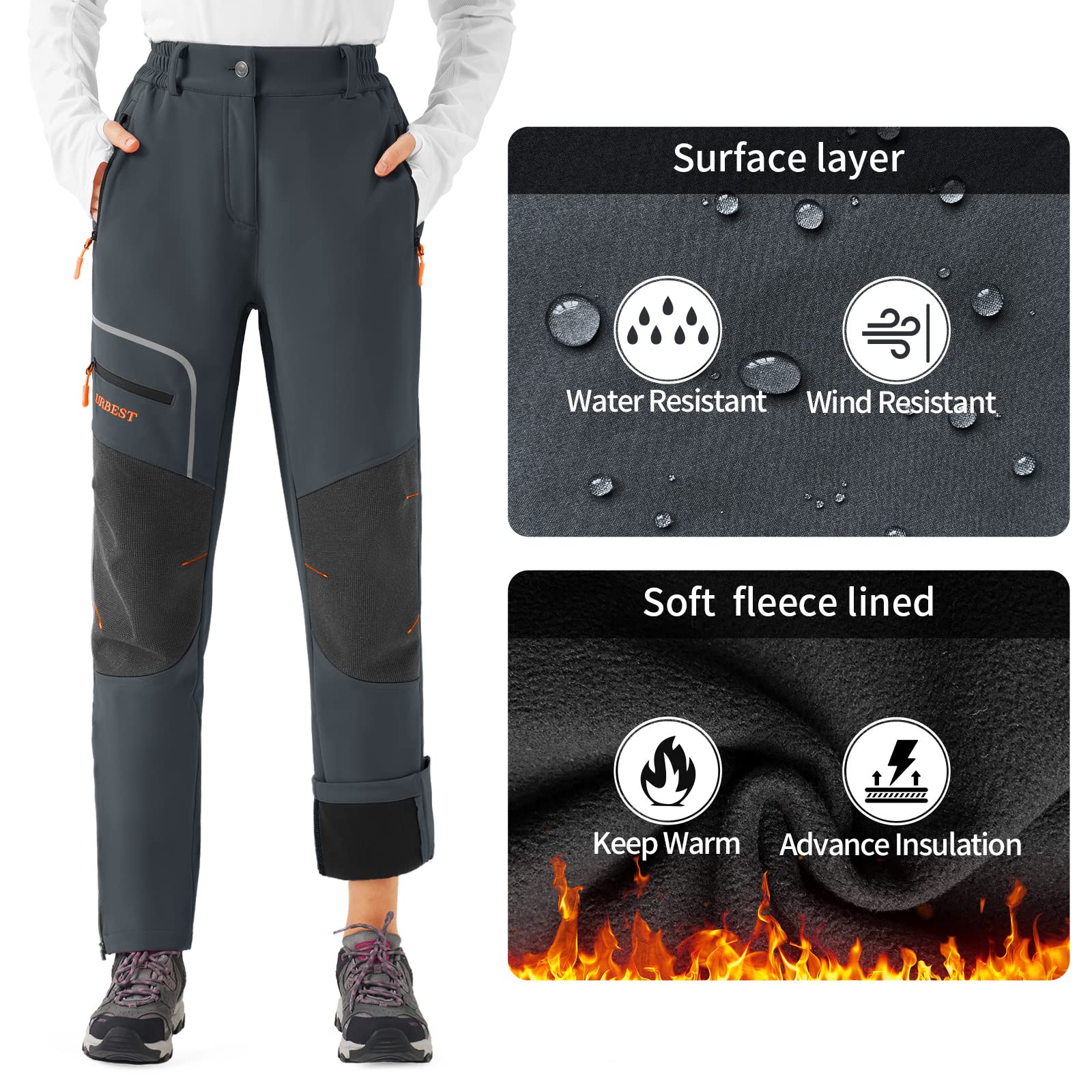 URBEST Women's Outdoor Snow Ski Pants Waterproof Winter Fleece Lined Hiking Snowboard Insulated Softshell Pants GREY