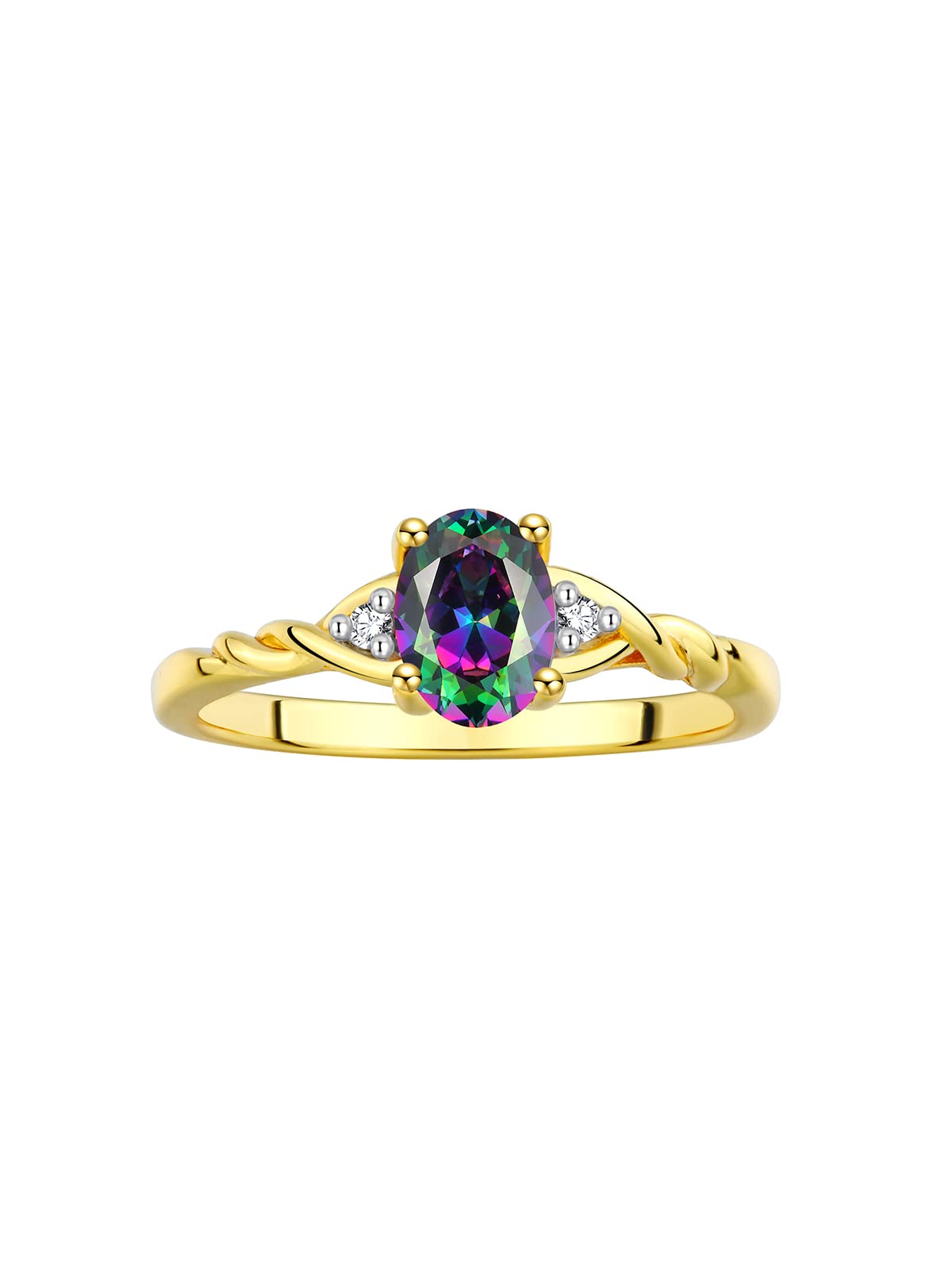 Rylos Rings for Women 14K Gold Plated Silver Classic Style Birthstone Ring 7X5MM Oval Gemstone & Diamonds June Alexandrite Jewelry for Women Size 8
