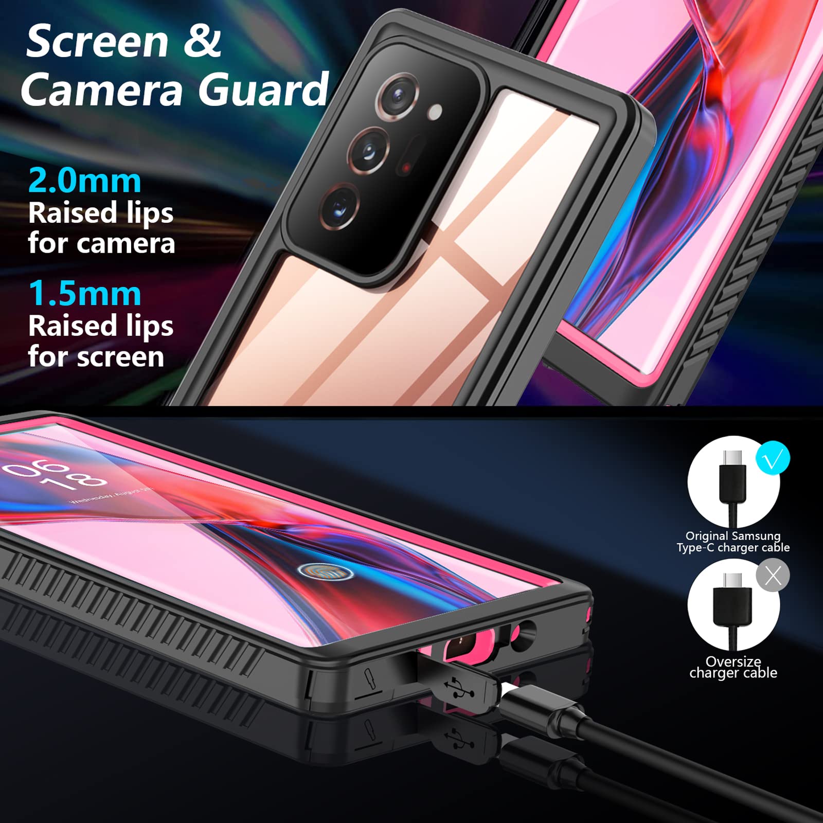 Pakuya for Samsung Galaxy Note 20 Ultra Case Waterproof, Built in Screen Protector, Full-Body Protection Heavy Duty Shock-Proof Cover Waterproof Case for Galaxy Note 20 Ultra 6.9'' 5G(Rose Red/Clear)