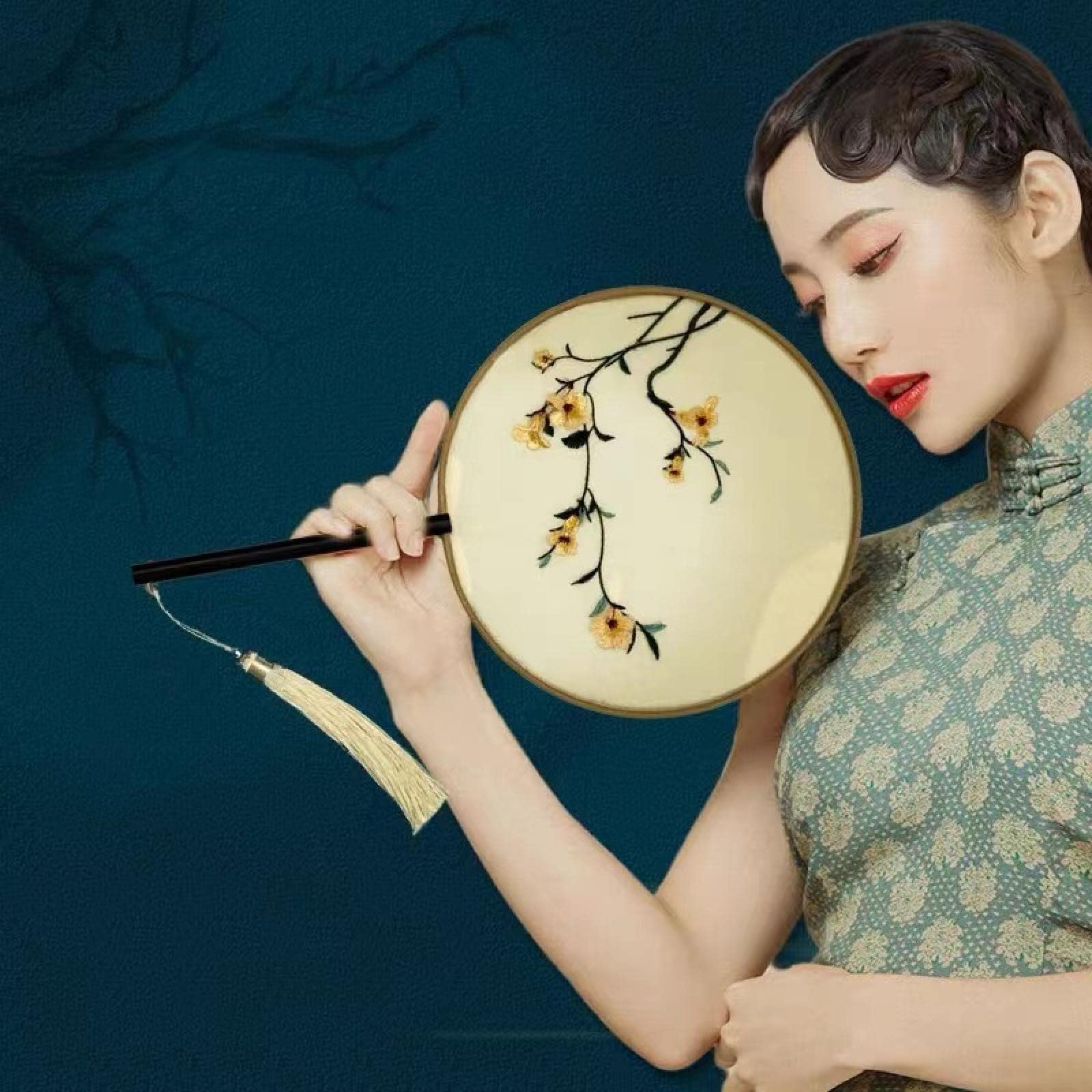Wingfree 4 Pcs Chinese Style Embroidery Fan, Festival Hand Fans, Handheld Fan Foldable, Folding Fan (Colour Pattern Random) D