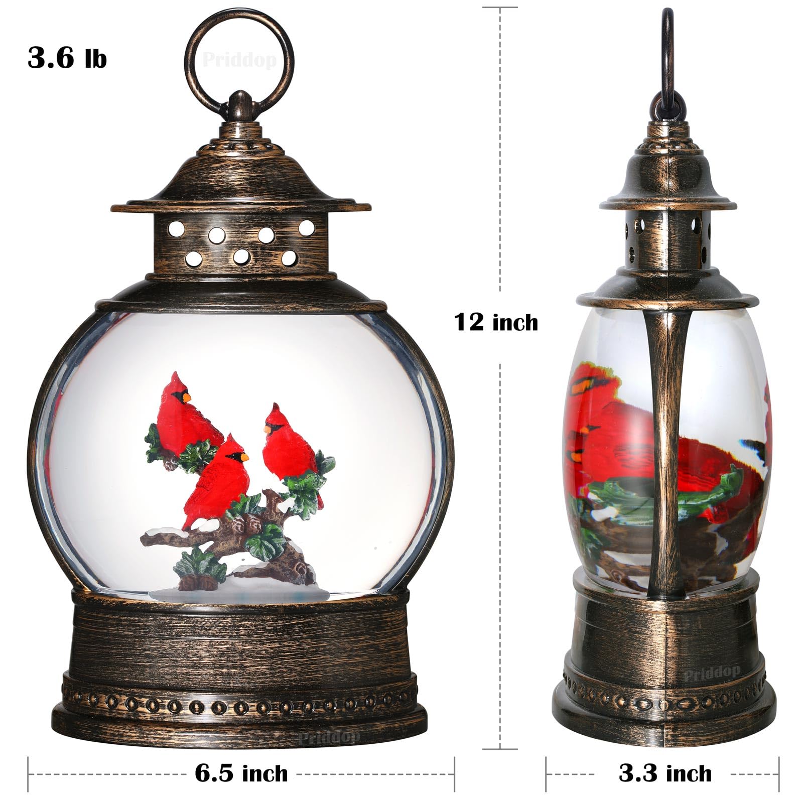Priddop Cardinal Snow Globe 12 Inch Christmas Snow Globe Lantern with Timer & Music, USB & Battery Powered Christmas Decorations Indoor Cardinal Decor (2023 Upgraded Larger)