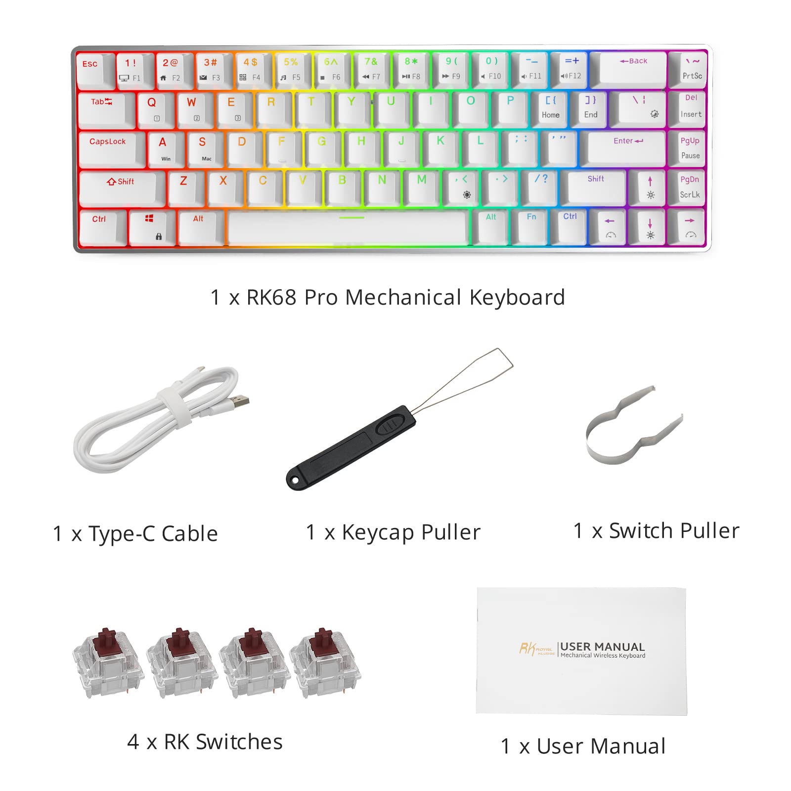 RK ROYAL KLUDGE Wireless 60% Mechanical Keyboard PBT keycaps, Bluetooth Mechanical Keyboard with CNC frame, Compact Gaming Keyboard with Software - 68 Keys Hot Swappable Gateron Brown Switch, RK68 pro