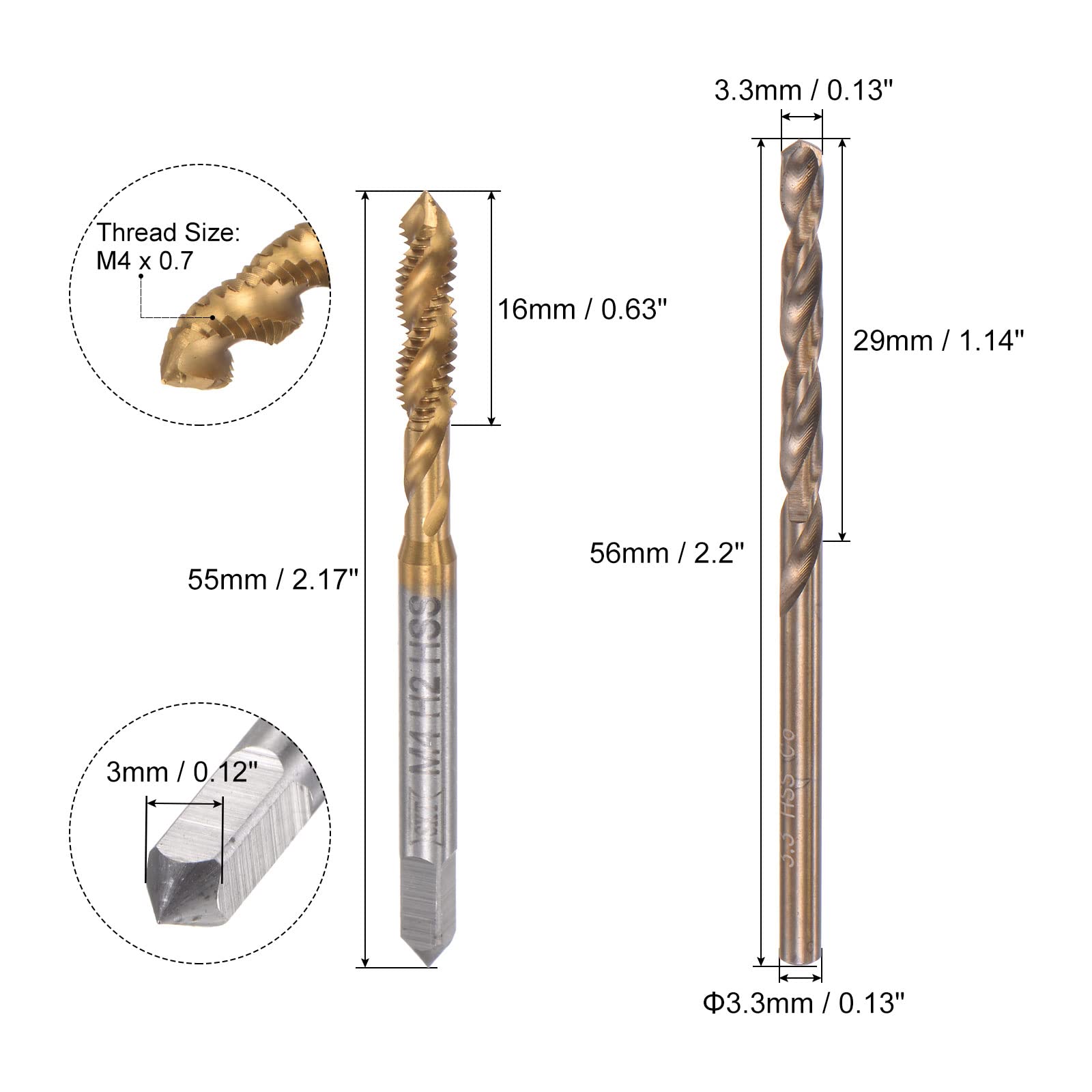 uxcell M4 x 0.7 Spiral Flute Tap 3.3mm Drill Bit Set, Metric Titanium Plated M35 Cobalt High Speed Steel Machine Threading Screw Tap Drilling Tool
