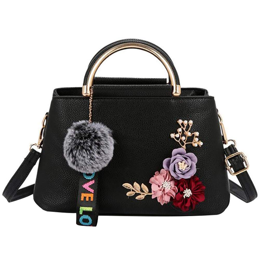 QZUnique Women's Floral Handbag PU Leather Top Handle Purse Elegant Venonat Pendant Shoulder Bag Black