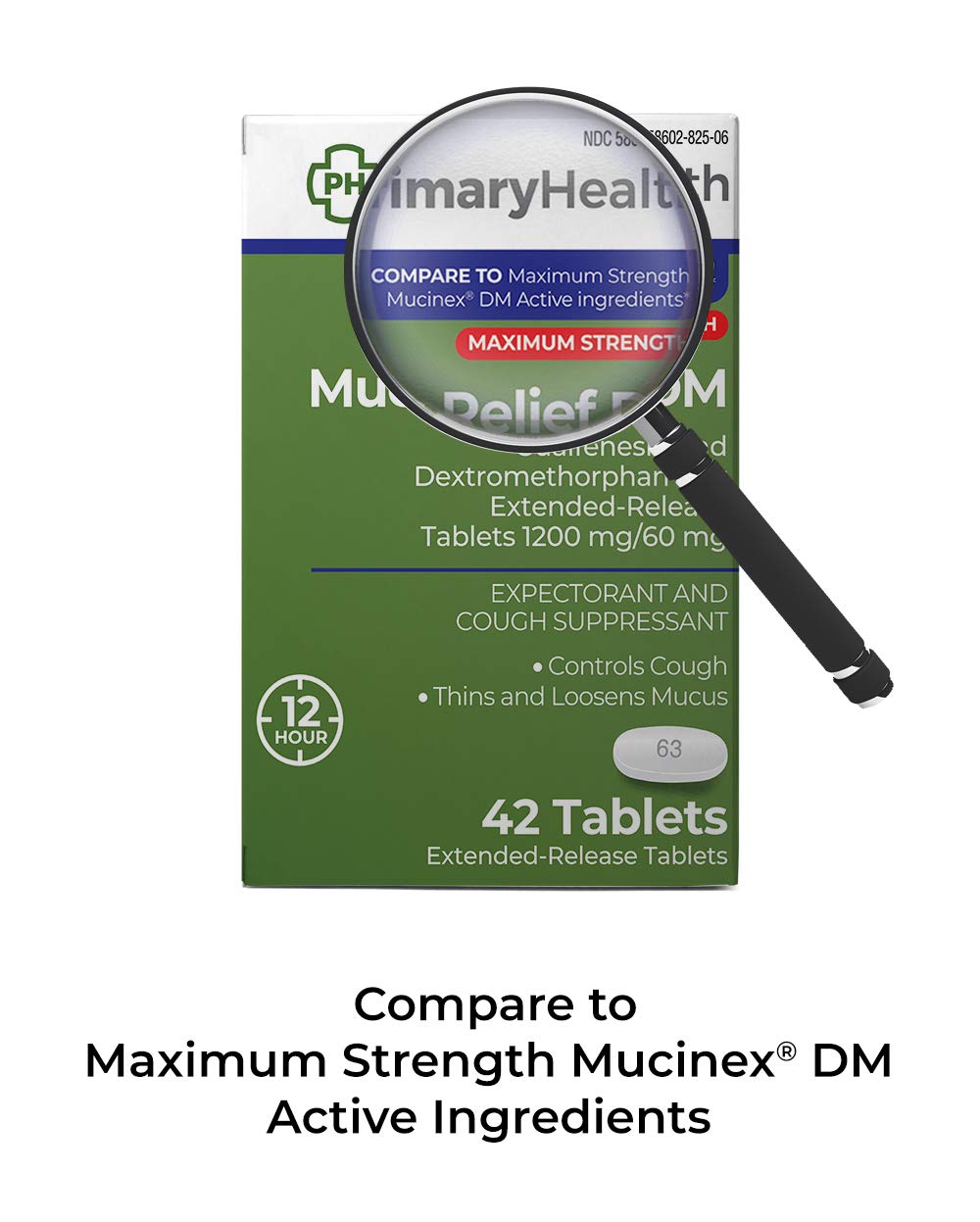 Primary Health Mucus Relief DM Maximum Strength Dextromethorphan 60mg, Guaifenesin 1200mg, Extended-Release Tablets, 42Count