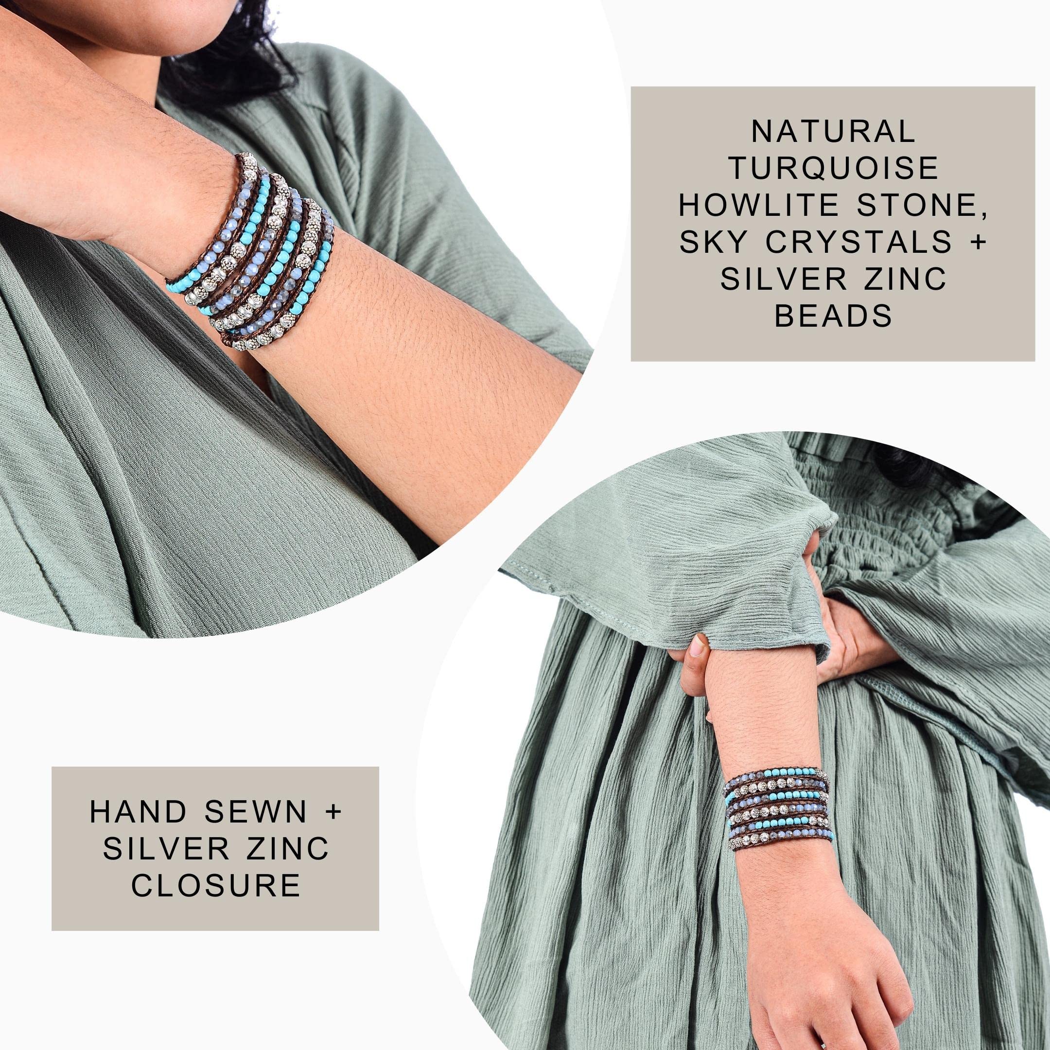 spirit wrist Turquoise Bead, Sky Crystals, Silver Zinc + Brown Kai Boho Wrap Bracelet