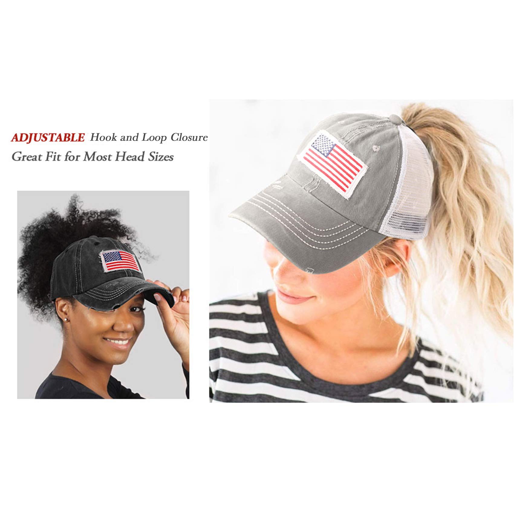 RNFENQS Women's American Flag Mesh Trucker Hat Distressed Ponytail Baseball Cap Wine Red