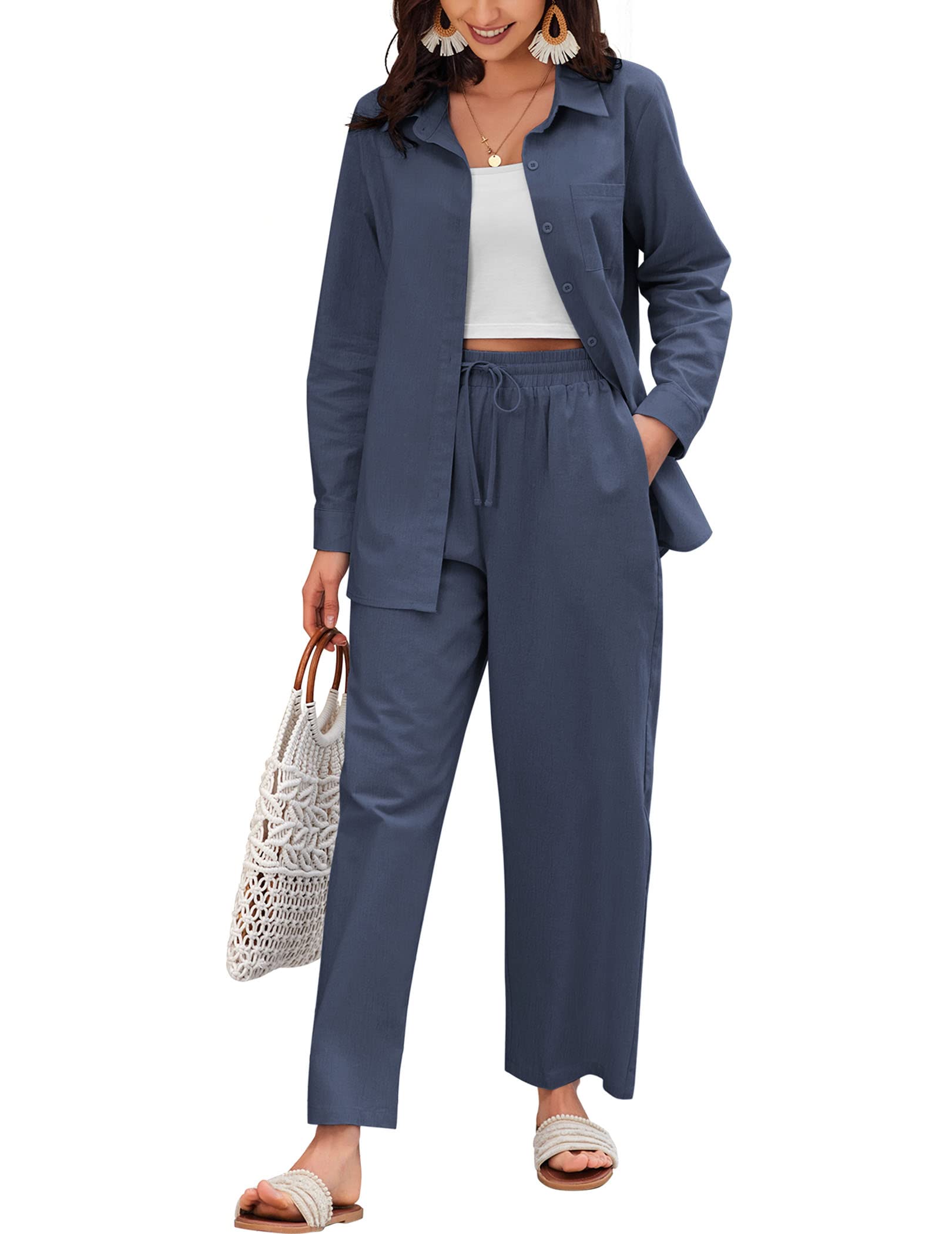 Zeagoo Women Beach Outfits Sets Linen Summer Two Piece Sets Linen Button Up Shirts