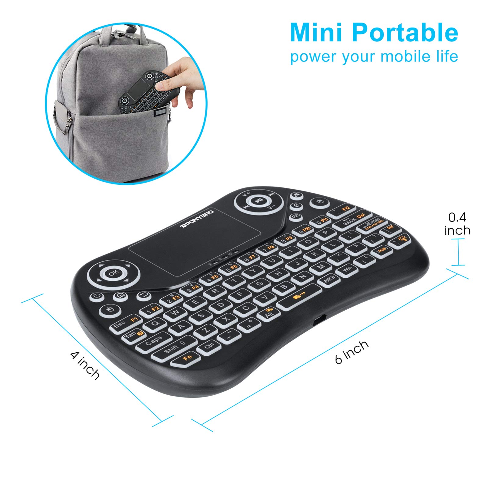PONYBRO (Newest Version) Backlit Mini Wireless Keyboard with Touchpad Mouse Combo QWERTY Keypad,Rechargeable Handheld Keyboard Remote for Smart TV,Android TV Box,Xbox,Raspberry Pi,PC