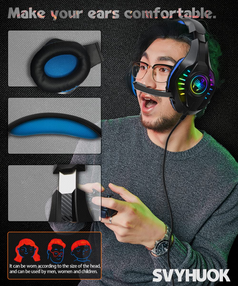 SVYHUOK Stereo Gaming Headset for PS4 Xbox One PC Controller, 3.5mm Wired Over Ear Headphones with Mic. LED Light&Memory Foam Ear Pads&Volume Control&Noise Cancelling SK-1 Kids Boys Gifts