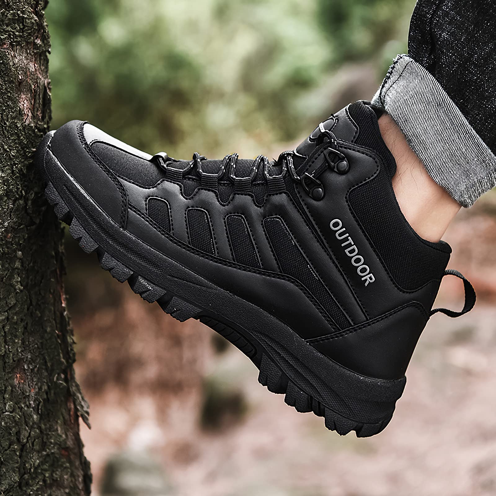 YOJANEO Men's Hiking Boots Non Slip Outdoor Lightweight Breathable Mid Top Ankle Boots Hike Trekking Trails Camping Work Shoes(Black,9)