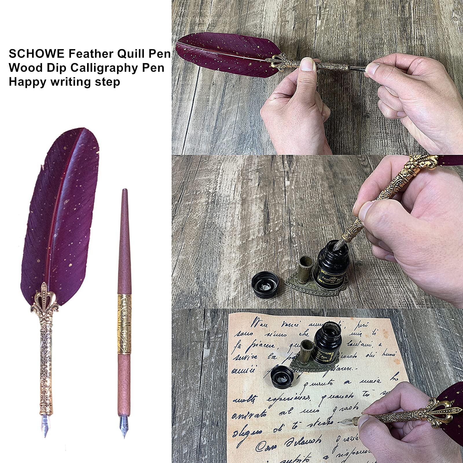 SCHOWE Feather Quill Writing Pen Wooden Dip Calligraphy Pen and Ink Set (Crown Red)