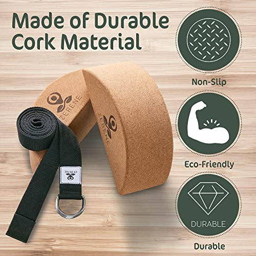 Yoga Blocks (2 Pack with Strap) - Increase Core Strength with our New Half-Round Cork Yoga Block - Yoga Accessories for Beginner and Pros - Includes A Carry Bag and Yoga Strap for Extra Flexibility