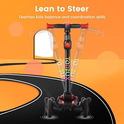 TONBUX Kids Scooter for Age 3-12, Toddler Scooter with 4 Adjustable Heights, Light Up 3-Wheels Scooter, Shock Absorption Design, Lean to Steer, Balance Training Scooter for Kids - Red
