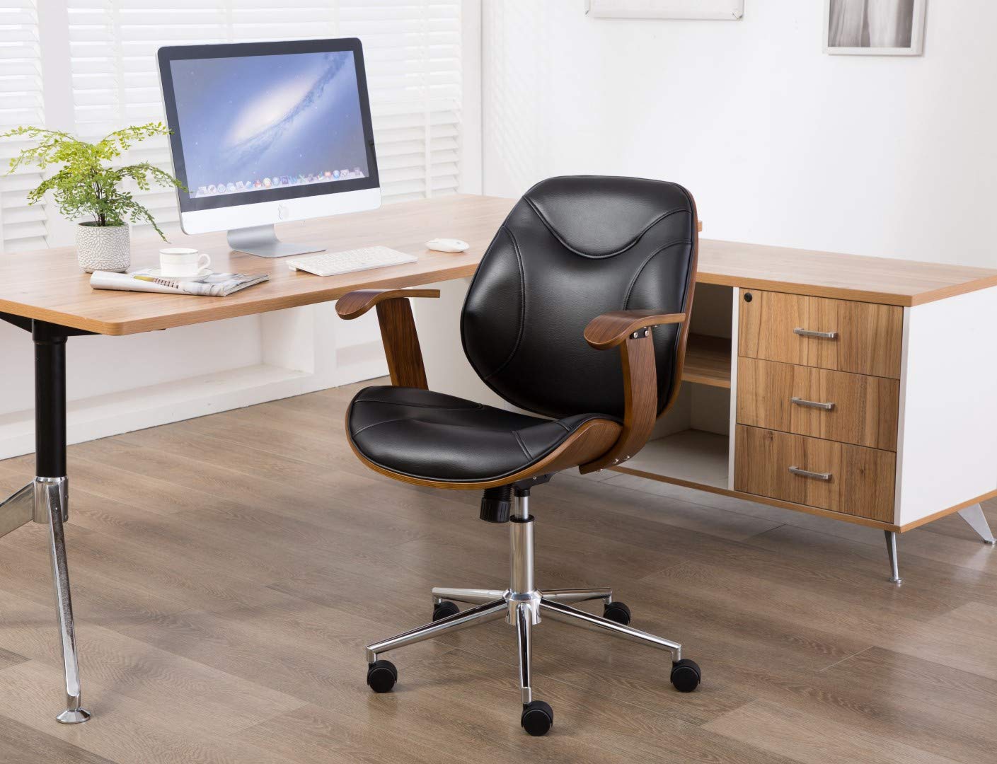 Porthos Home Flynn Adjustable Office Chair with 360° Swivel, PU Leather Upholstery, Ergonomic Back and Armrests, 5 Star Chrome Base and Roller Caster Wheels