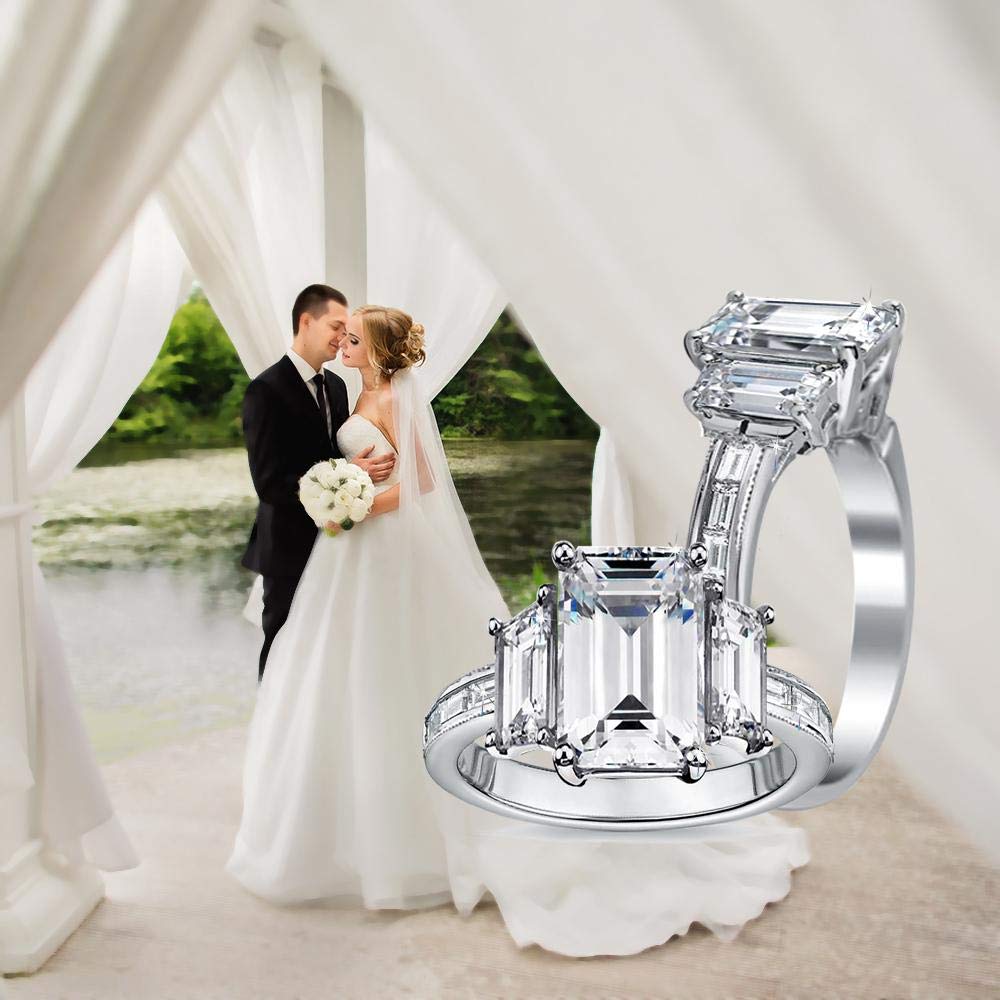 Samie Collection Emerald Cut CZ & Baguette Cubic Zirconia 3 Stone Engagement Rings for Women, Wedding Ring Band in White Gold Plating, Size 5-10