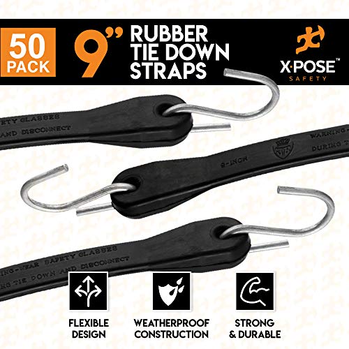 Rubber Bungee Cords with Hooks 50 Pack 9 Inch (14β Max Stretch) Heavy-Duty Black Tie Down Straps for Outdoor, Tarp Covers, Canvas Canopies, Motorcycle, and Cargo - by Xpose Safety