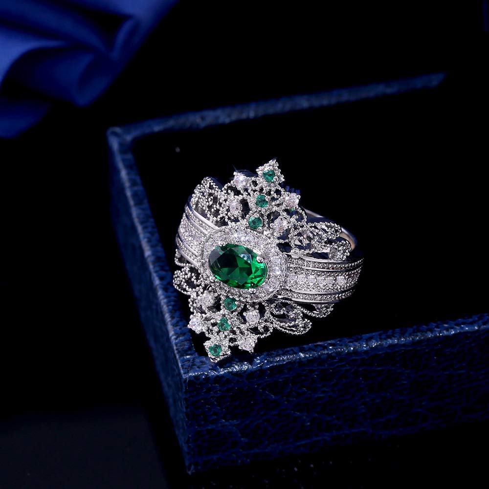 SCHZBSP 18K white gold plated royal noble emerald ring cubic zirconia ring vintage style crystal diamond ring 925 sterling silver ladies engagement wedding ring set (6)