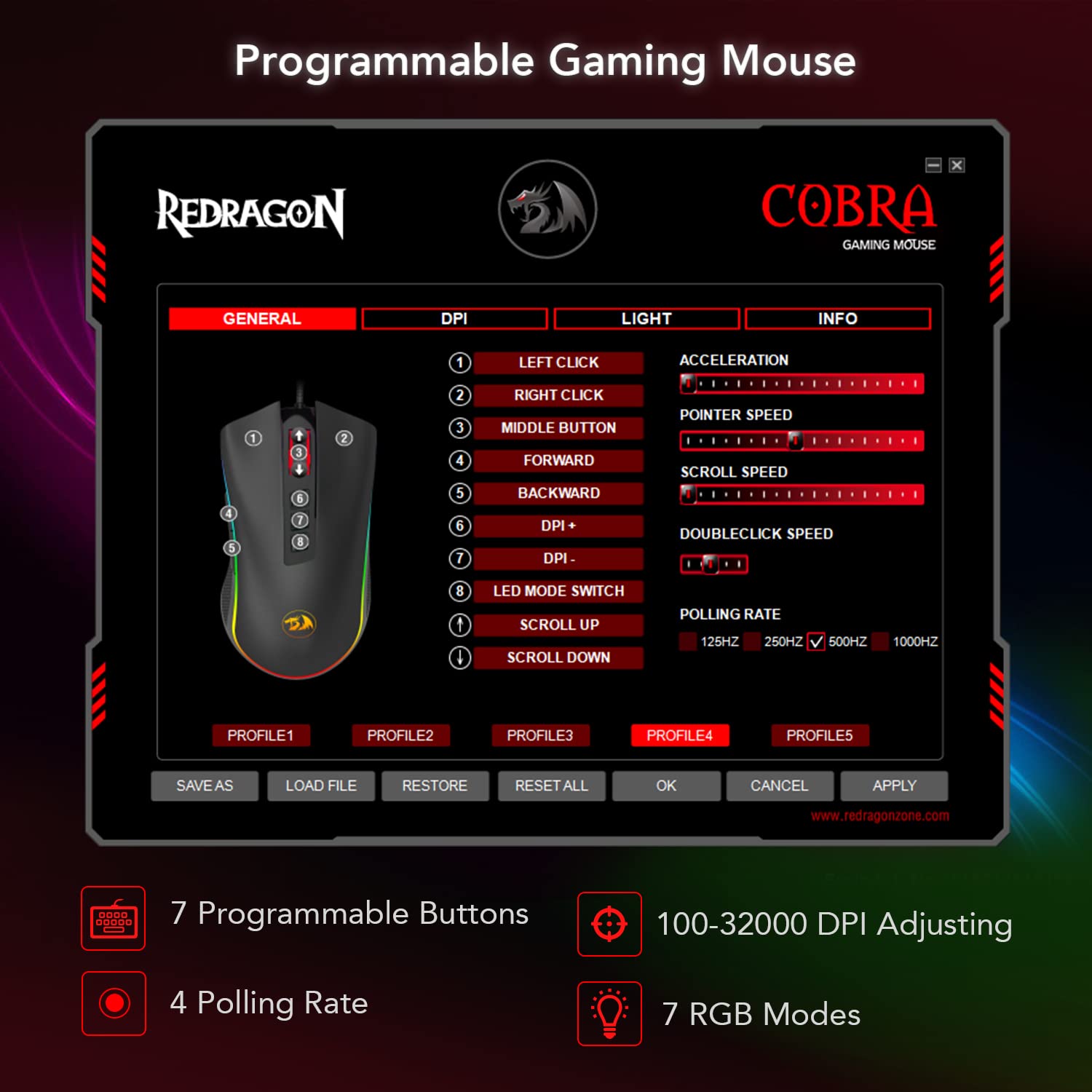 Redragon M711-FPS Cobra FPS Optical Switch (LK) Gaming Mouse, Wired RGB Gamer Mouse w/ 50 Million Click Lifespan, Onboard 16,000 DPI (32,000 via Software) and 7 Programmable Macro Buttons