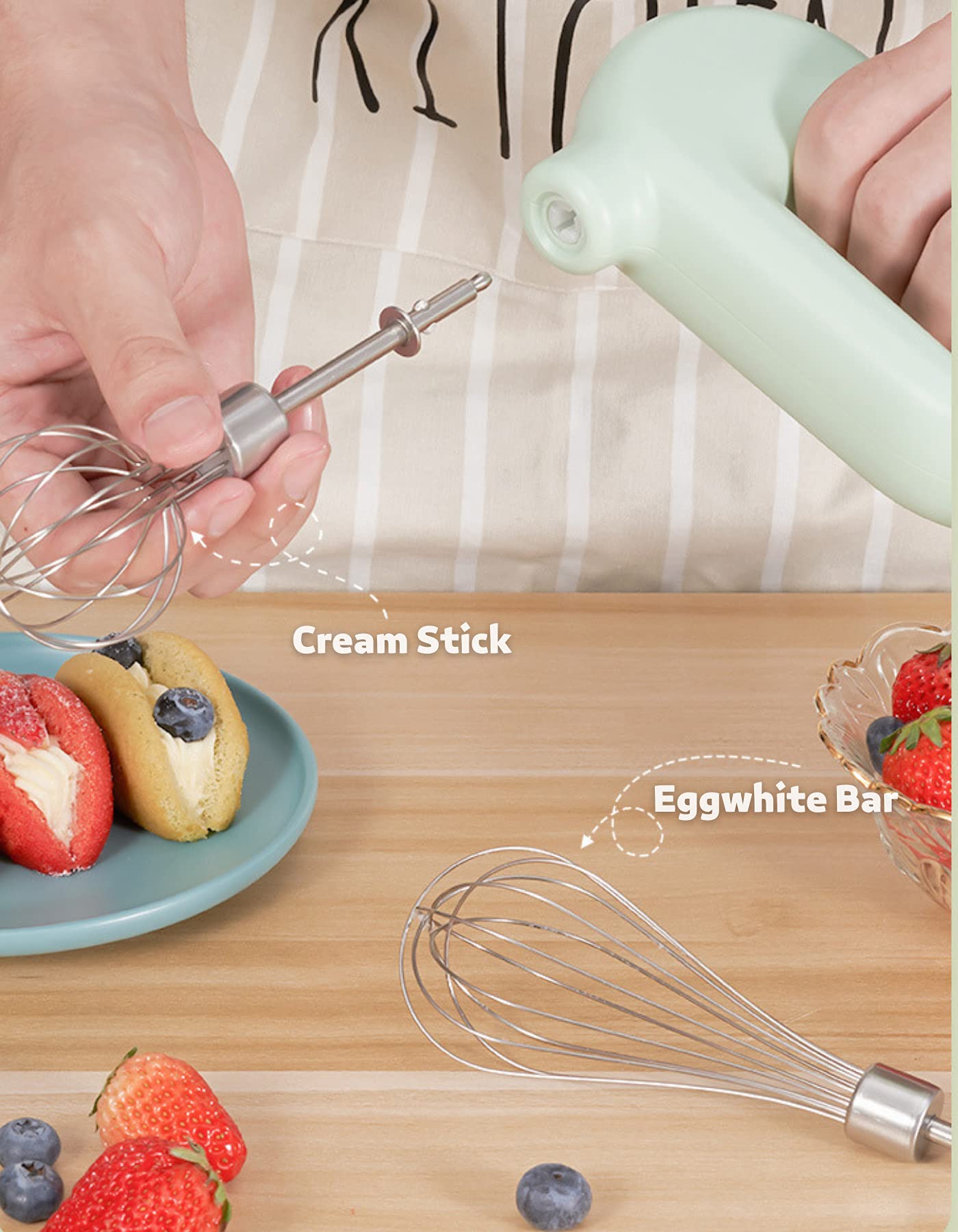 Wynboop MINI Household Cordless Electric Hand Mixer,USB Rechargable Handheld Egg Beater with 2 Detachable Stir Whisks 4 Speed Modes,Baking At Home For Kitchen,Lightweight Portable(Green)