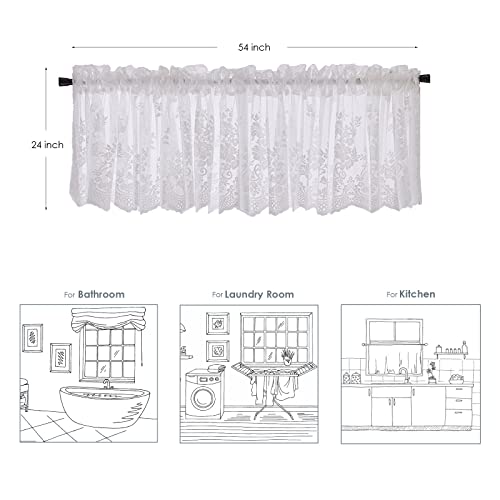 Popuid Seim Sheer Kitchen Cafe Window Curtains Valance Lace Floral Embroidered Curtain Topper for Small Windows Decor (White, 1 Piece-54W*24H)