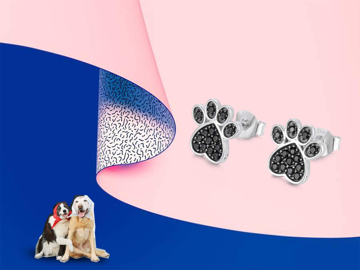 S925 Sterling Silver Jewelry Puppy Dog Cat Pet Paw Print Black CZ Stud Earrings