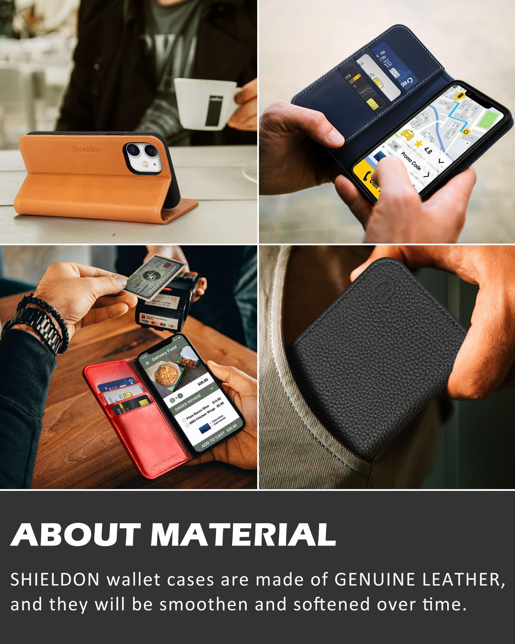 SHIELDON Case for iPhone 11, Genuine Leather Magnetic Wallet Cover Kickstand RFID Blocking Card Slot with TPU Shockproof Protective Cover Compatible with iPhone 11 (6.1 Inch, 2019) - Black