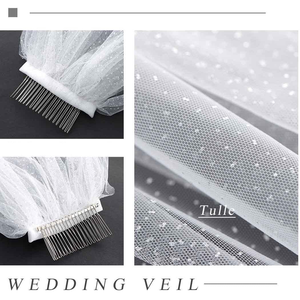 Unsutuo 1 Tier Glitter Bride Wedding Veil Fingertip Bachelorette Party Veil Sparking Bridal Veil for Women and Girls (White)