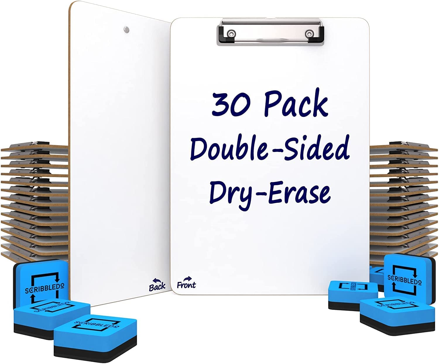 SCRIBBLEDO 30 Pack Double Sided Dry Erase Clipboards 9"x12" Durable Clipboards Bulk with 30 Dry Erase Erasers, Dry Erase Clipboard with Low Profile Clip for School, Classroom and Home Use