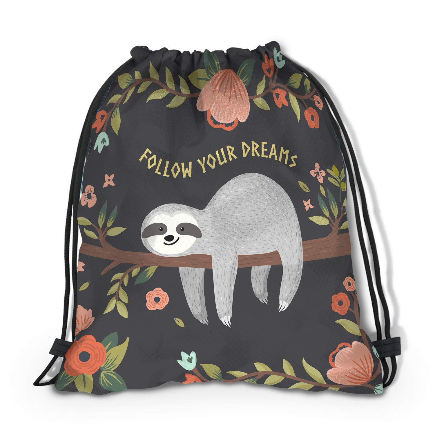 Sloth Drawstring Backpack Gym Bag for Women Men Black Lightweight Waterproof Cinch Sack for Travel Yoga Beach School