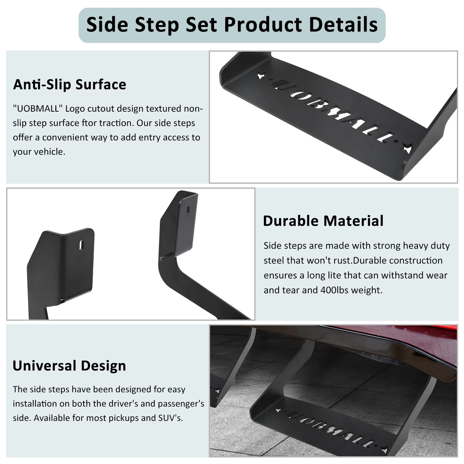 UOBMALL Universal Pickup Side Steps Heavy Duty Steel Side Hoop Step Set 2 Pieces for Various Trucks from Chevy, Ford, Toyota, GMC, Dodge RAM and Jeep (Black)