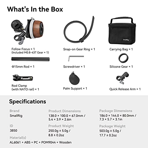 SmallRig F60 Follow Focus for DSLR and Mirrorless Camera Lenses, with Non-Damping Design & Forward/Reverse Switch & A/B Stops, Included Lens Gear, Gear Ring, 15mm Rod & Rod Clamp - 3850