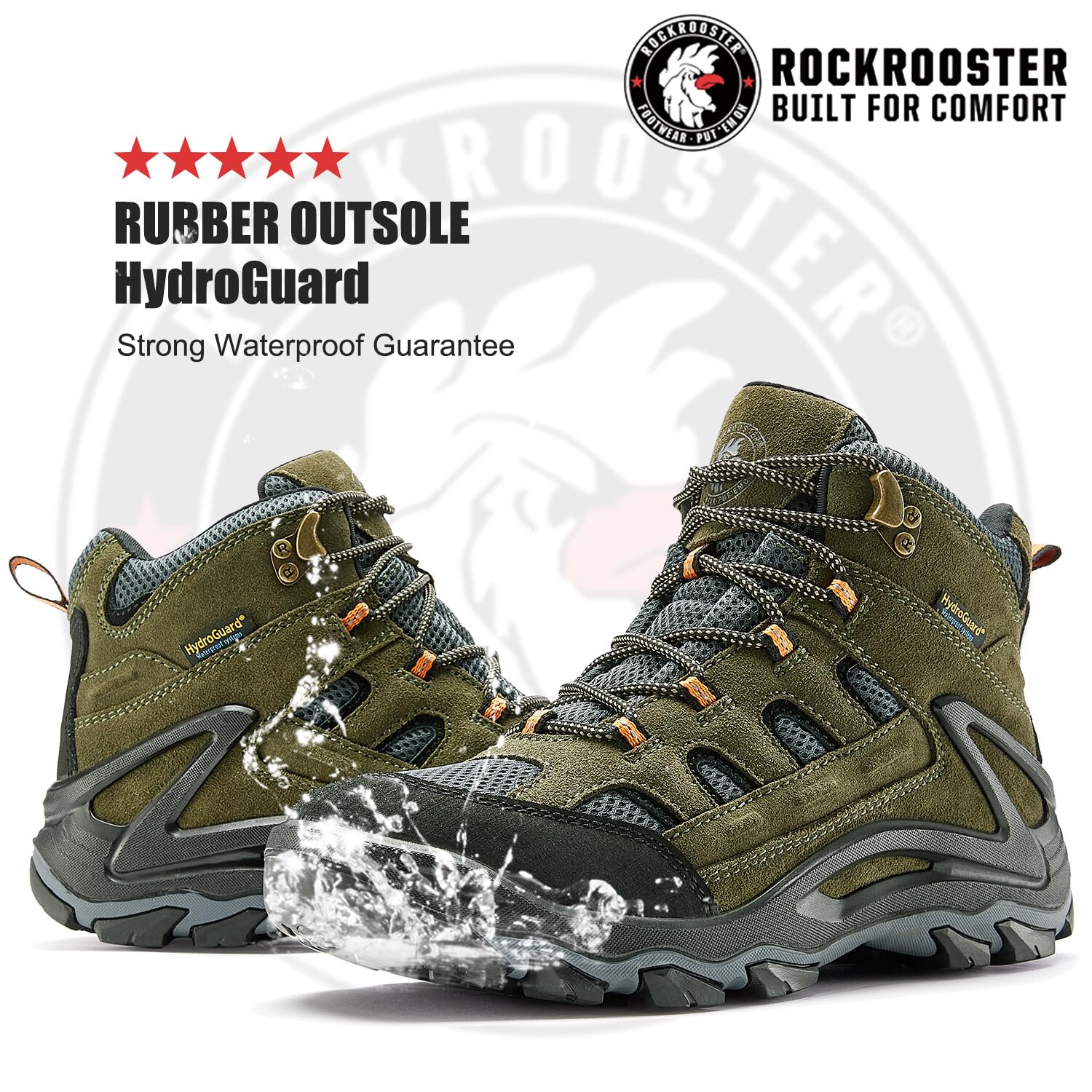 ROCKROOSTER Newland Mens Hiking Boots, 6'' Waterproof Suede Leather Trekking Boots, Non-Slip Ankle Support Outdoor Boots, Anti-Fatigue, Comfortable, Shock Absorption(KS5536 US 8)