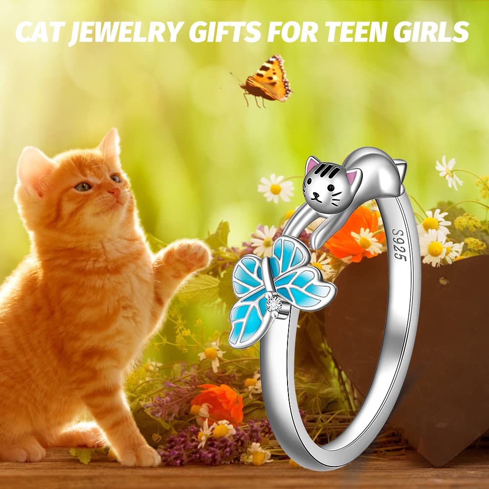 Women Cat Ring 925 Sterling Silver Cat Wrap Around Ring Butterfly Rings for Women Cat Crazy Kitty Jewelry Size 8