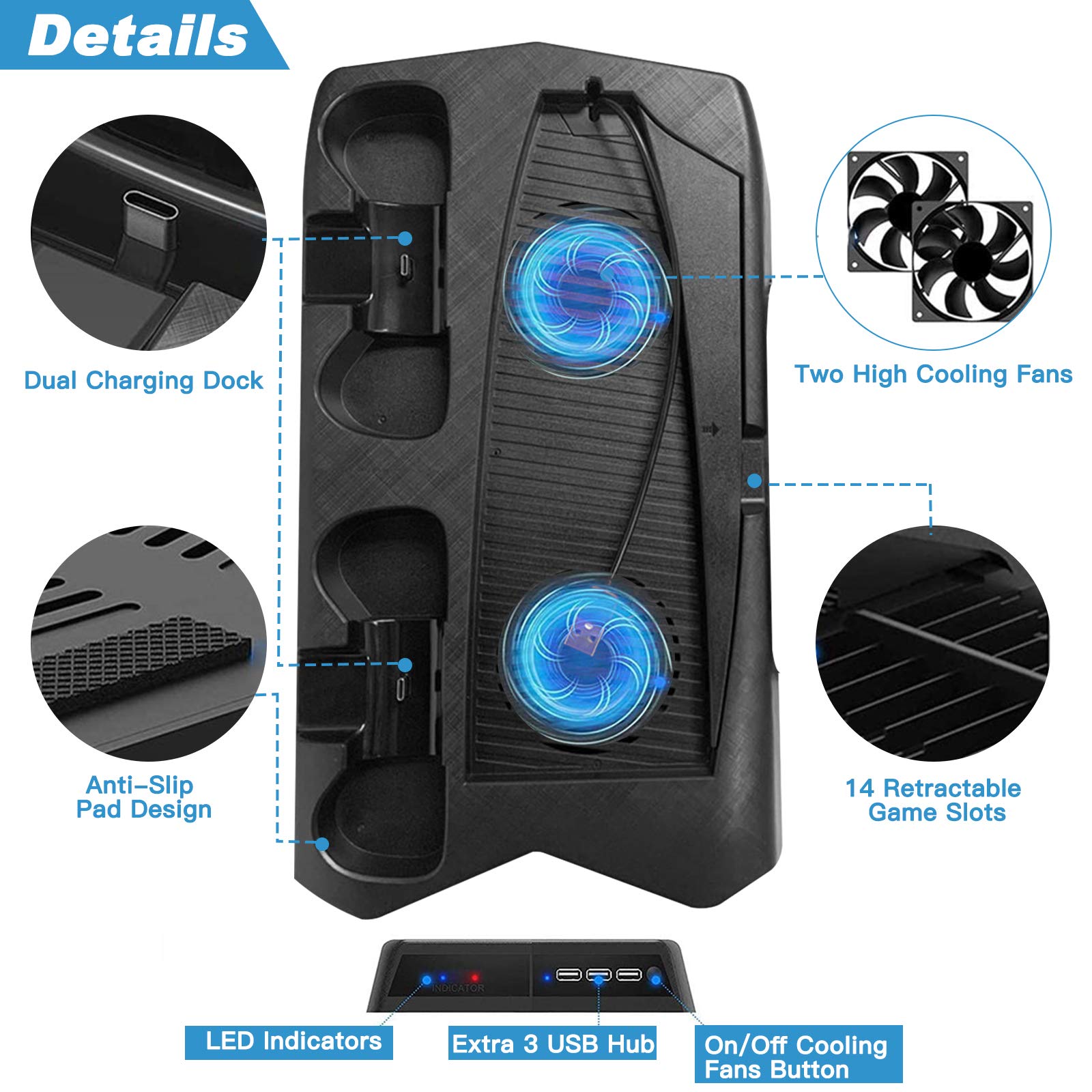 PS5 Stand with Cooling Fan, PS5 Cooling Station for Playstand 5 Console Digital Edition/Ultra HD,Dual Controller Charger PS5 Vertical Charging Stand with LED Indicators and 14 Game Card Slot Organizer