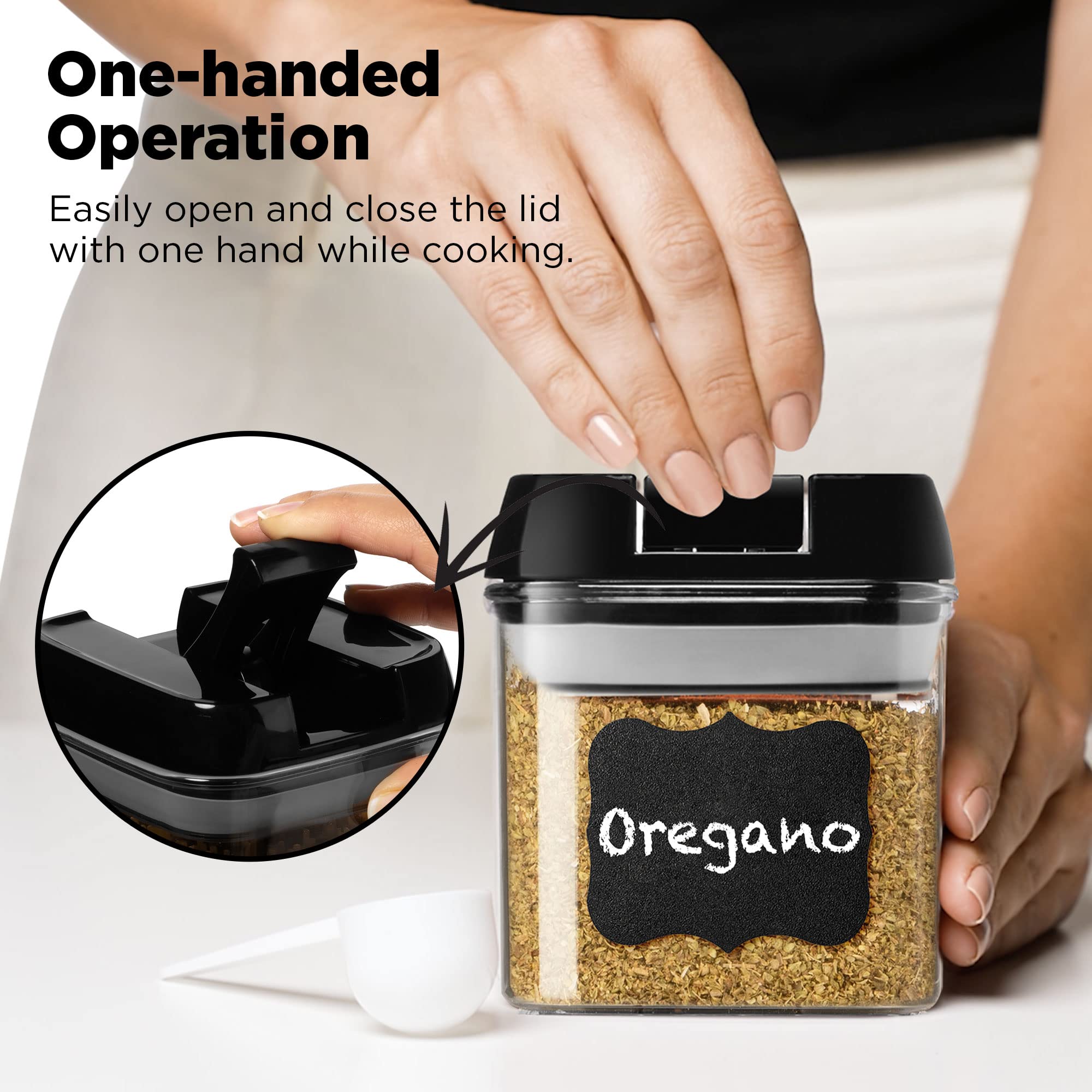 Shazo 9 Pc Airtight Food Storage Containers Set with Lids Plastic Kitchen Cabinet & Pantry Organization Canister Set for Spices, Herbs, Coffee & Tea - BPA Free - 9 Spoons