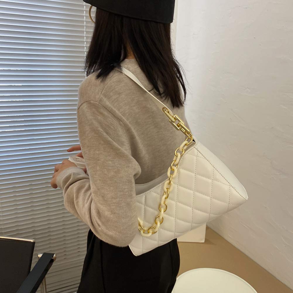 Women Chain Handbags Solid Lattice Pattern Travel Simple Shoulder Underarm Bag, White, 21 x 18 x 5cm
