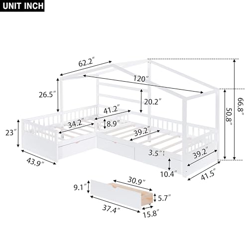 PRNDOLE Twin Size House Platform Bed with 3 Storage Drawers,L Shape Platform Beds for Children,White