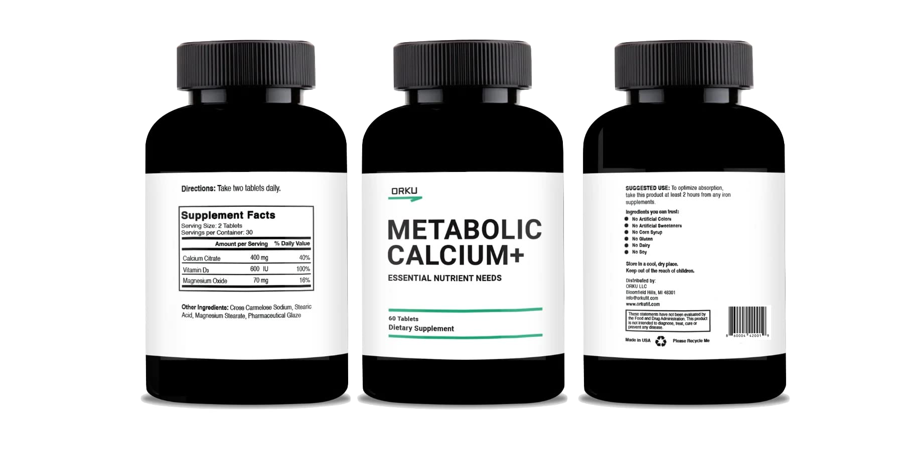 Orku Metabolic Calcium Pills β’ 400mg Serving of Calcium Citrate with Vitamin D & Magnesium β’ Non-Chewable Unflavored Tablets