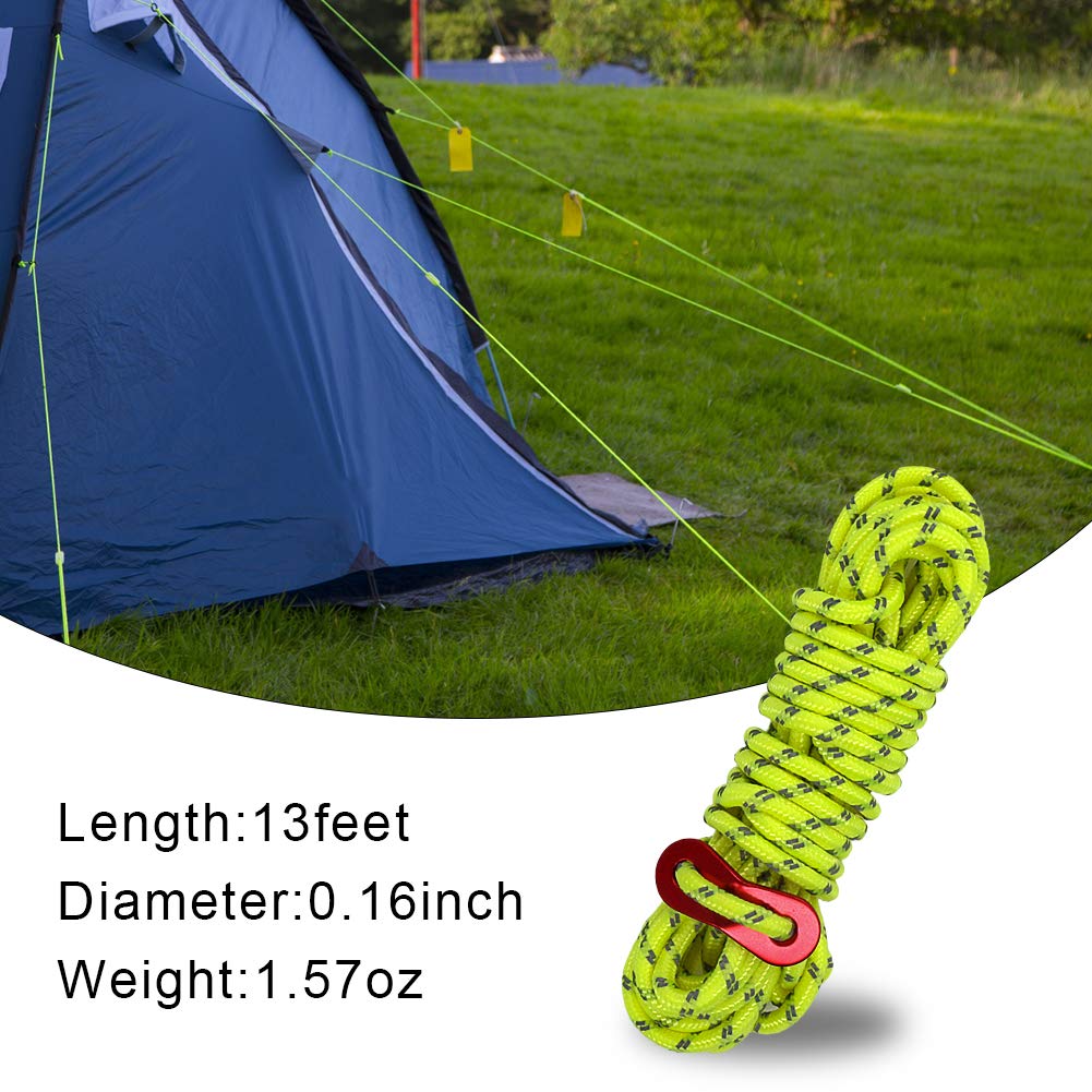 Reflective Nylon Cord, Tent Guyline Rope with Ultra-Light Aluminum Alloy Ceiling Rope Adjuster Fits Camping Hiking Backpacking,4 Pack 4MM 13 FT
