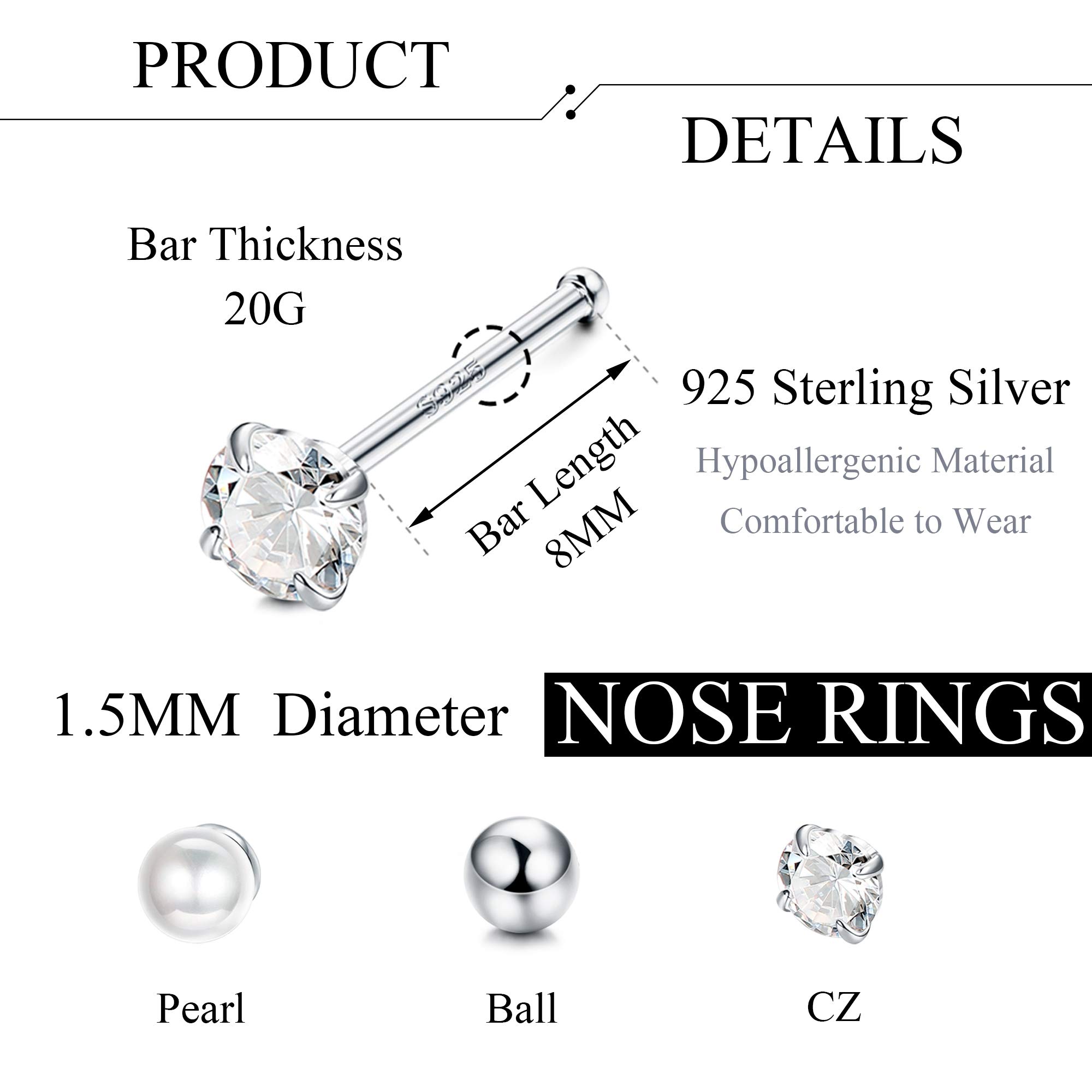 Sllaiss 12Pcs 20G Nose Rings Stud Sterling Silver Small Ball Pearl CZ Nose Studs For Women Men Nose Piercing Jewelry 1.5mm 2mm (1.5)