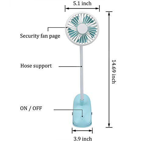 Portable Clip Fan,TANGCISON Adjustable Stroller Fan with 3 Speeds Flexible Bendable Mini USB Rechargeable 2000mAh Battery Quiet Cooling Desk Fan for Stroller,Desk,Office,Dormitory,Travel,Outdoor-Blue