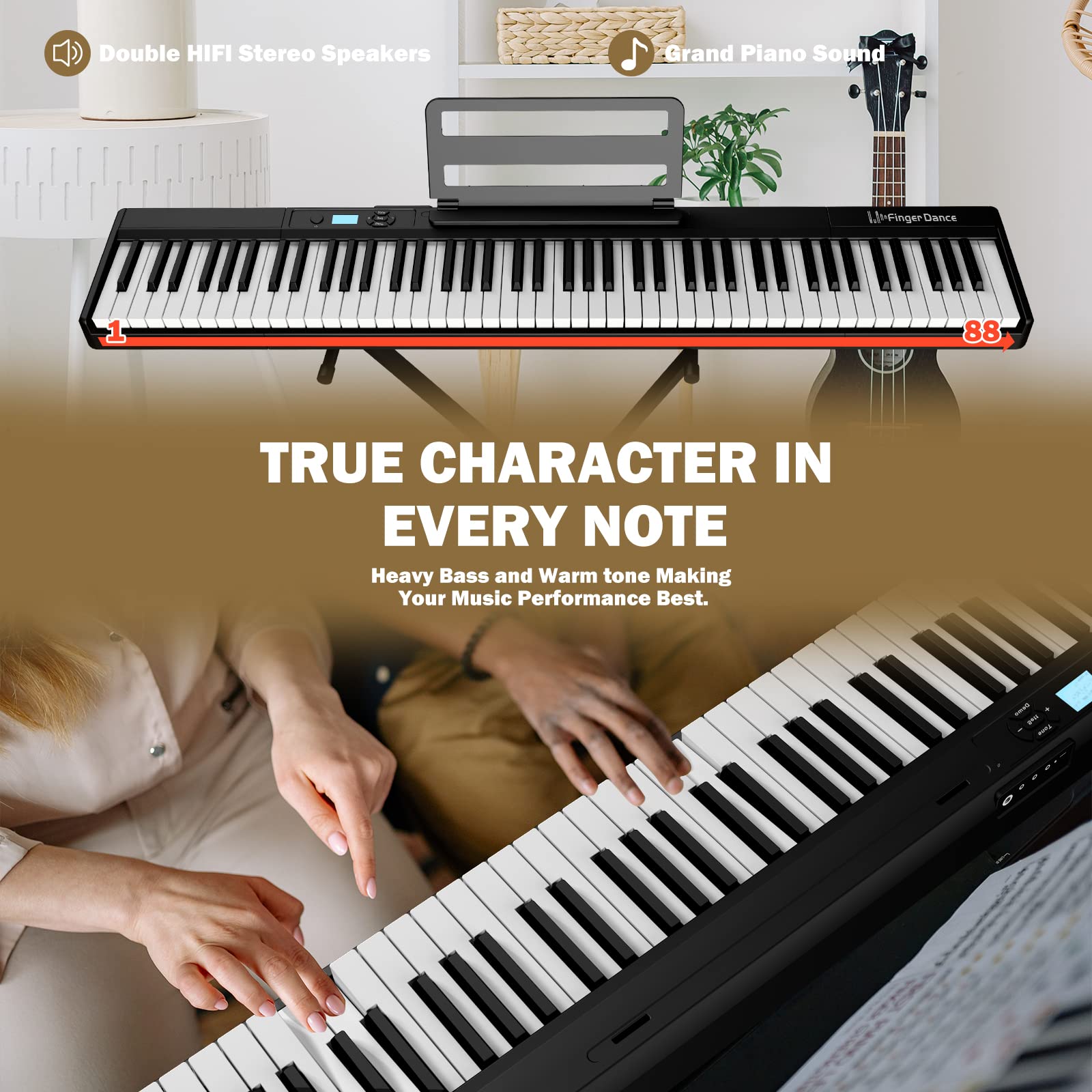Upgrade Imitation Wood Texture Keyboard Grain Touch Sensitive 88 keys Keyboard with Bluetooth MIDI for Adult - Pearl White