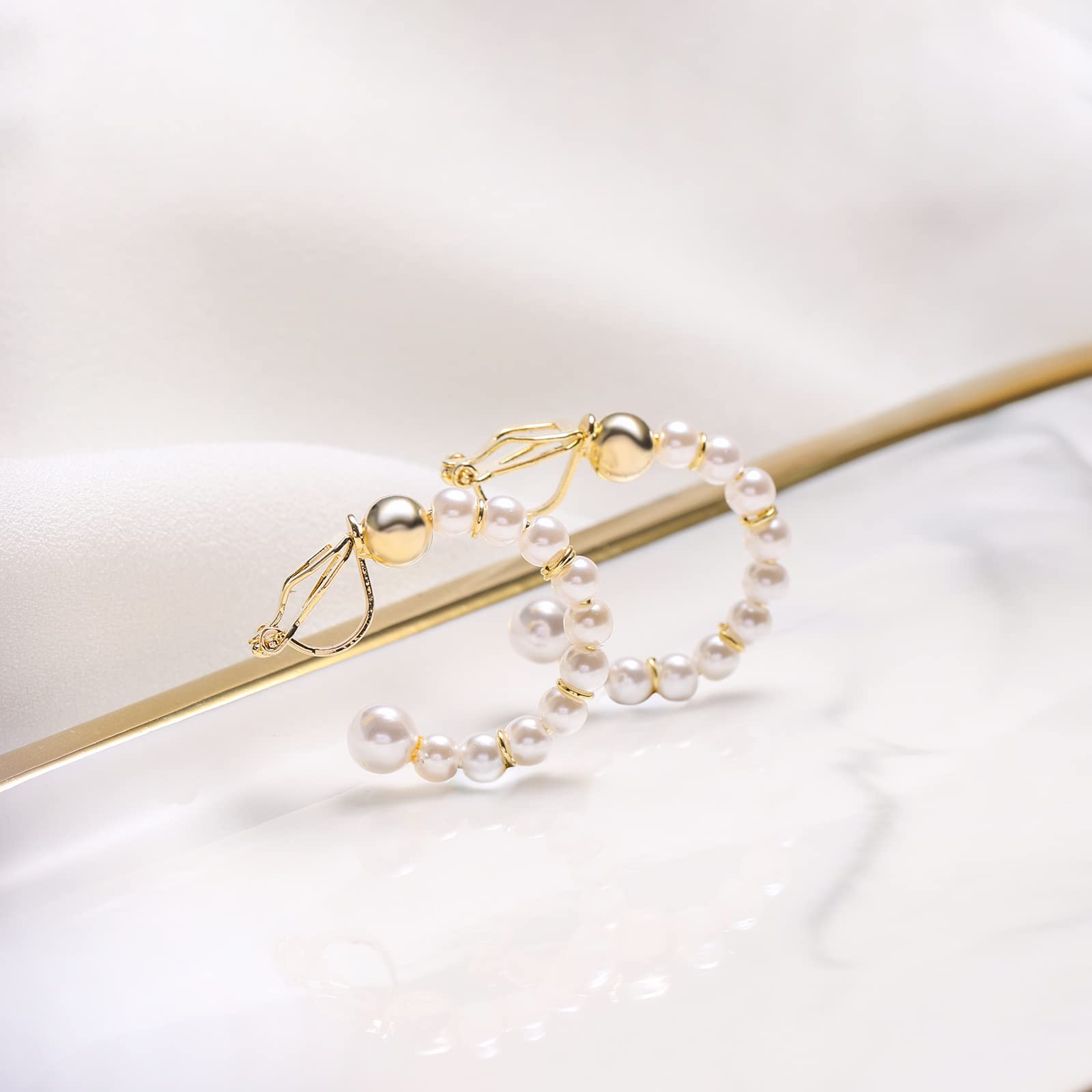 YOQUCOL Simulated Freshwater Pearl Golden Clip On Hoop Earrings Non Pierced Ears Hoops for Women(25MM)