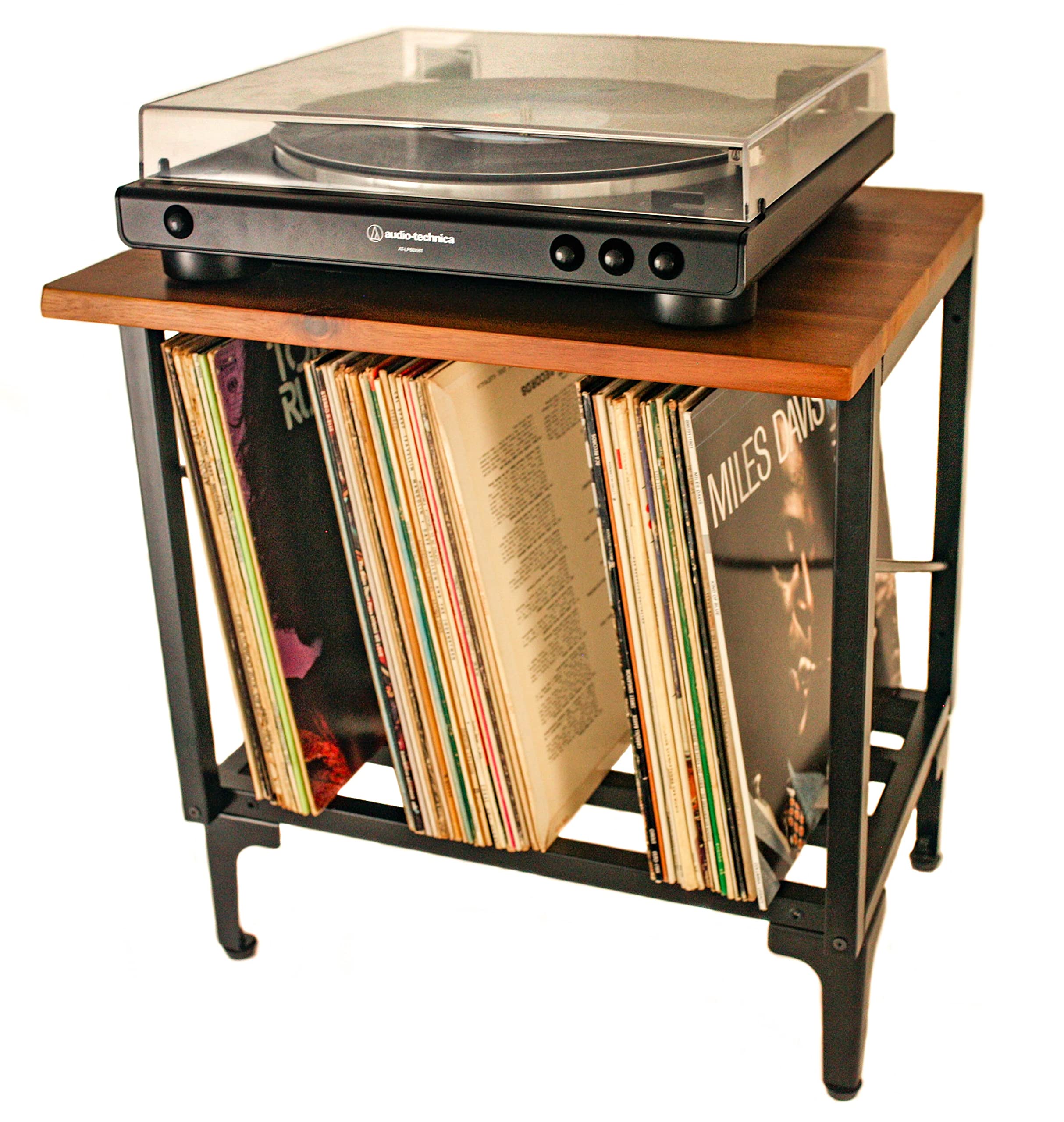 Turntable Stand with Vinyl Record Storage - Solid Acacia Wood with Sturdy Metal Structure - Two-way placement: Wall Mount and Floor Stand (Acacia Wood tabletop and Matte Black metal body)