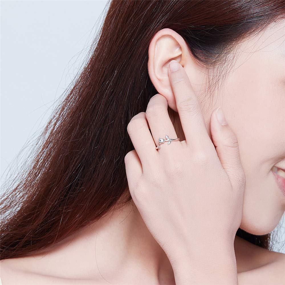 Tiny Rose Flowers Asymmetric Wrap Open Rings for Women Girls Sterling Silver Small Thin Adjustable Engagement Wedding Promise Statement Knuckle Finger Tail Rings Her Girlfriend Wife Valentine's Day