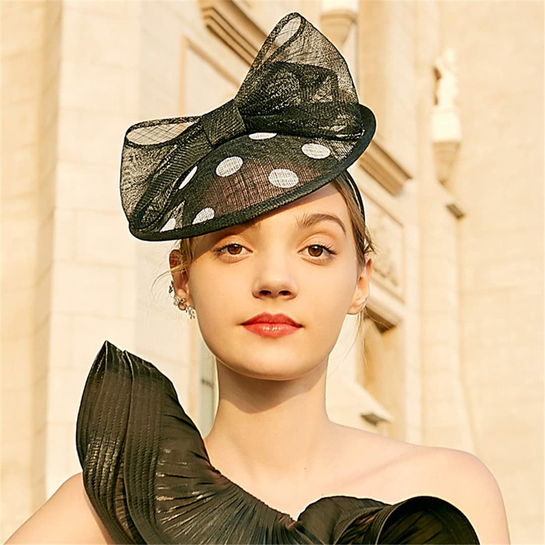 Women Chic Hat Cocktail Wedding Party Church Headpiece Kentucky Headwear Feather Hair Accessories Black White Dot