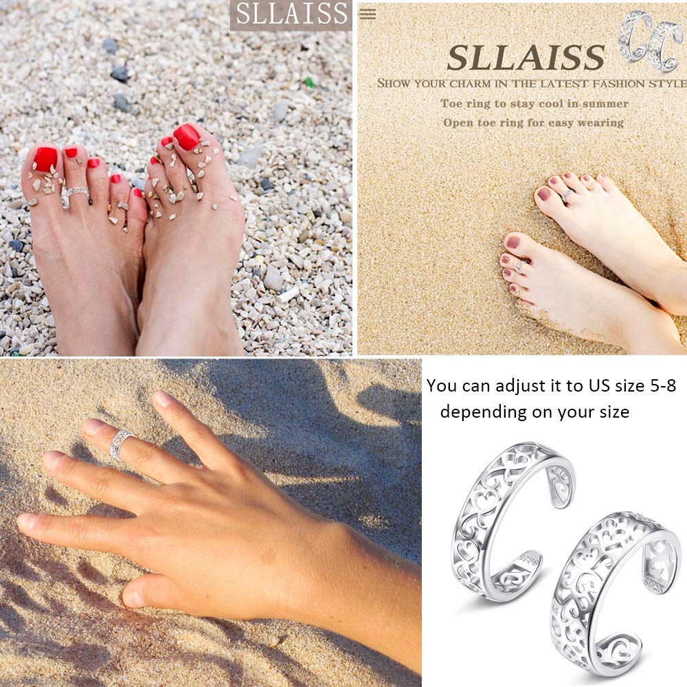 Sllaiss 2Pcs Sterling Silver Adjustable Toe Ring for Women Men Minimalist Open Finger Pinky Ring Set White Gold Plated Knuckle Ring Jewelry (Silver)