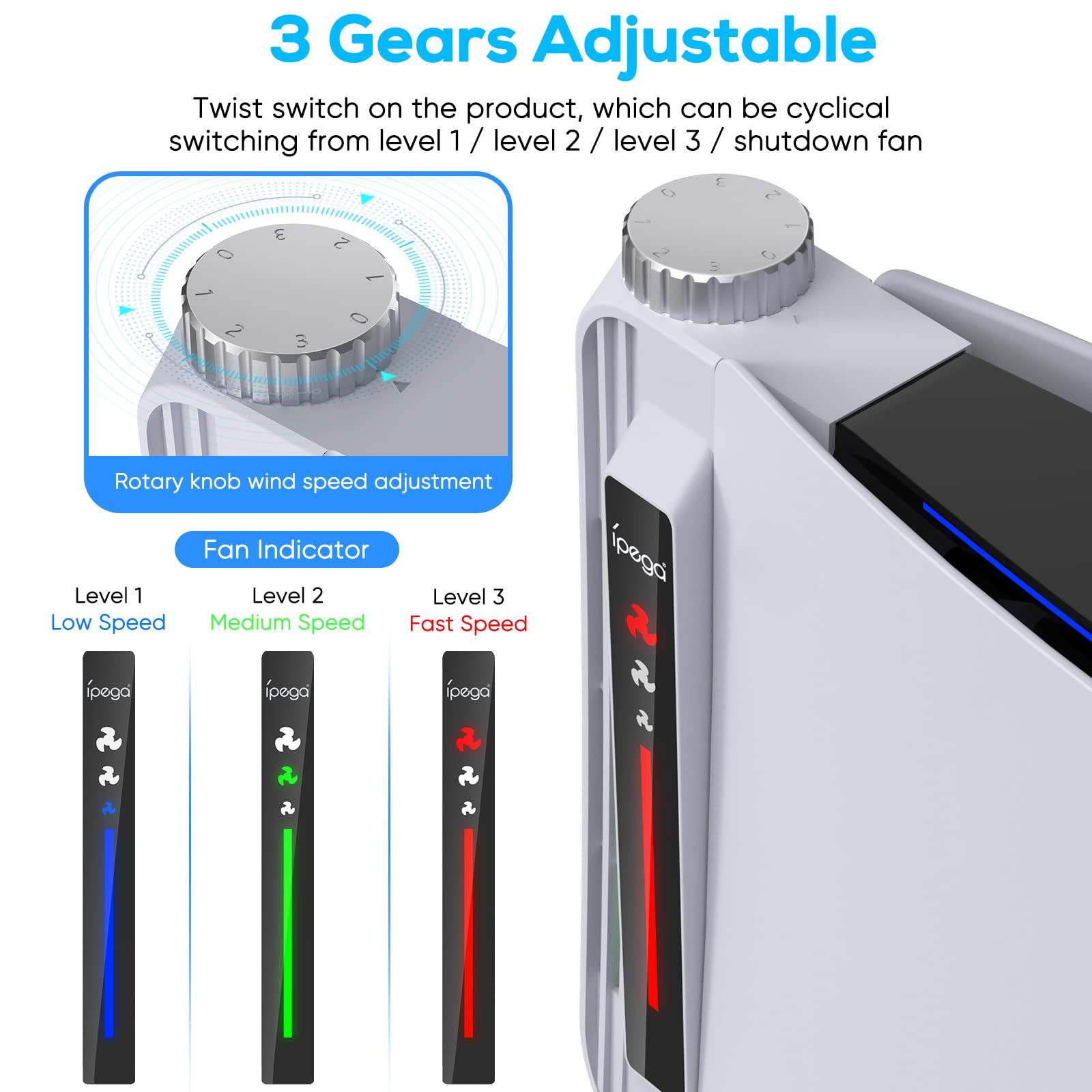 Upgraded Cooling Fan for PS5 Disc & Digital Edition, Centrifugal Cooling System with 3 Speeds Control Knob & LED Indicator Panel, USB Powered Accessories Exhaust Cooler Compatible with Playstation 5