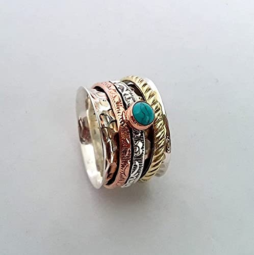 Turquoise Gemstone 925 Silver Three Tone Brass Copper And Silver Spinning Band Thumb SpinnerRing (10)